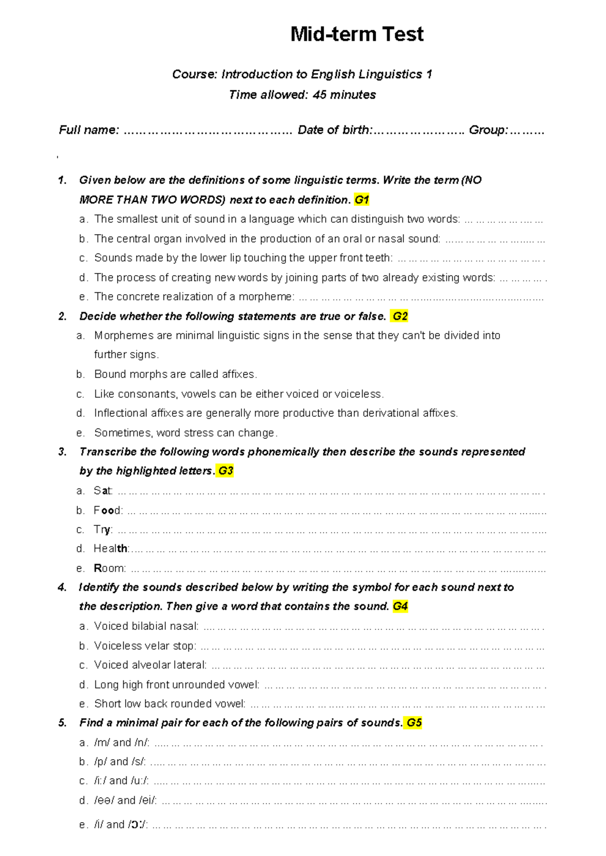 Intro 1 - Midterm Sample Test on English Linguistics - Studocu