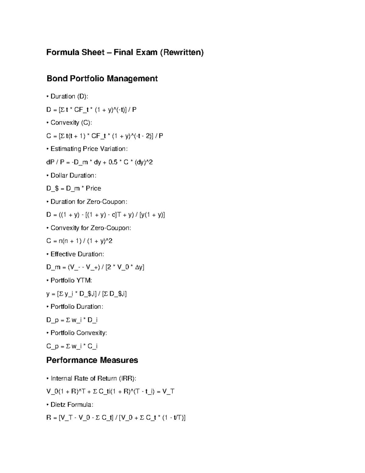 Formula Sheet Final Rewritten - Formula Sheet – Final Exam (Rewritten ...
