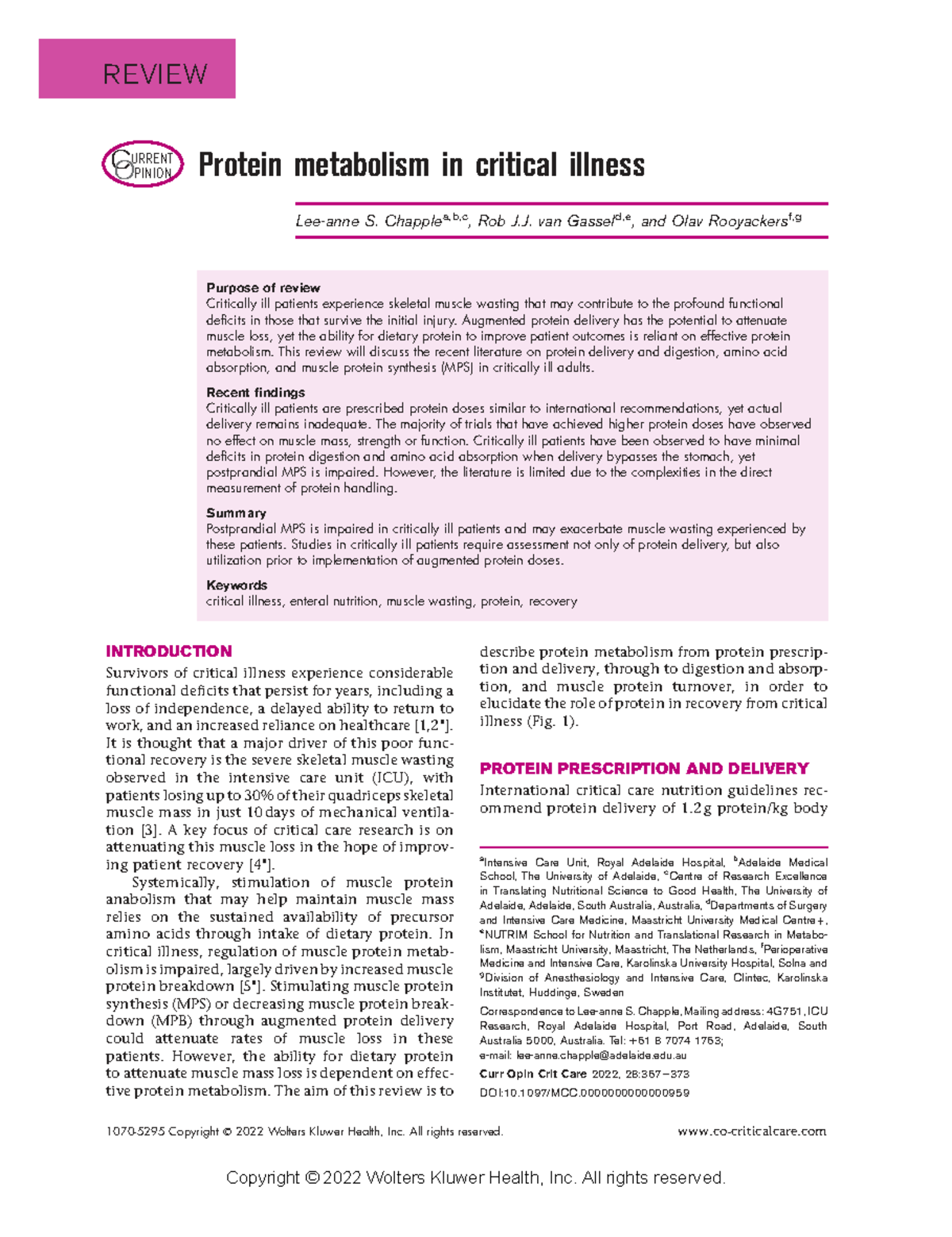 Curr Opin Crit Care 2022: Protein Metabolism in Critical Illness - Studocu