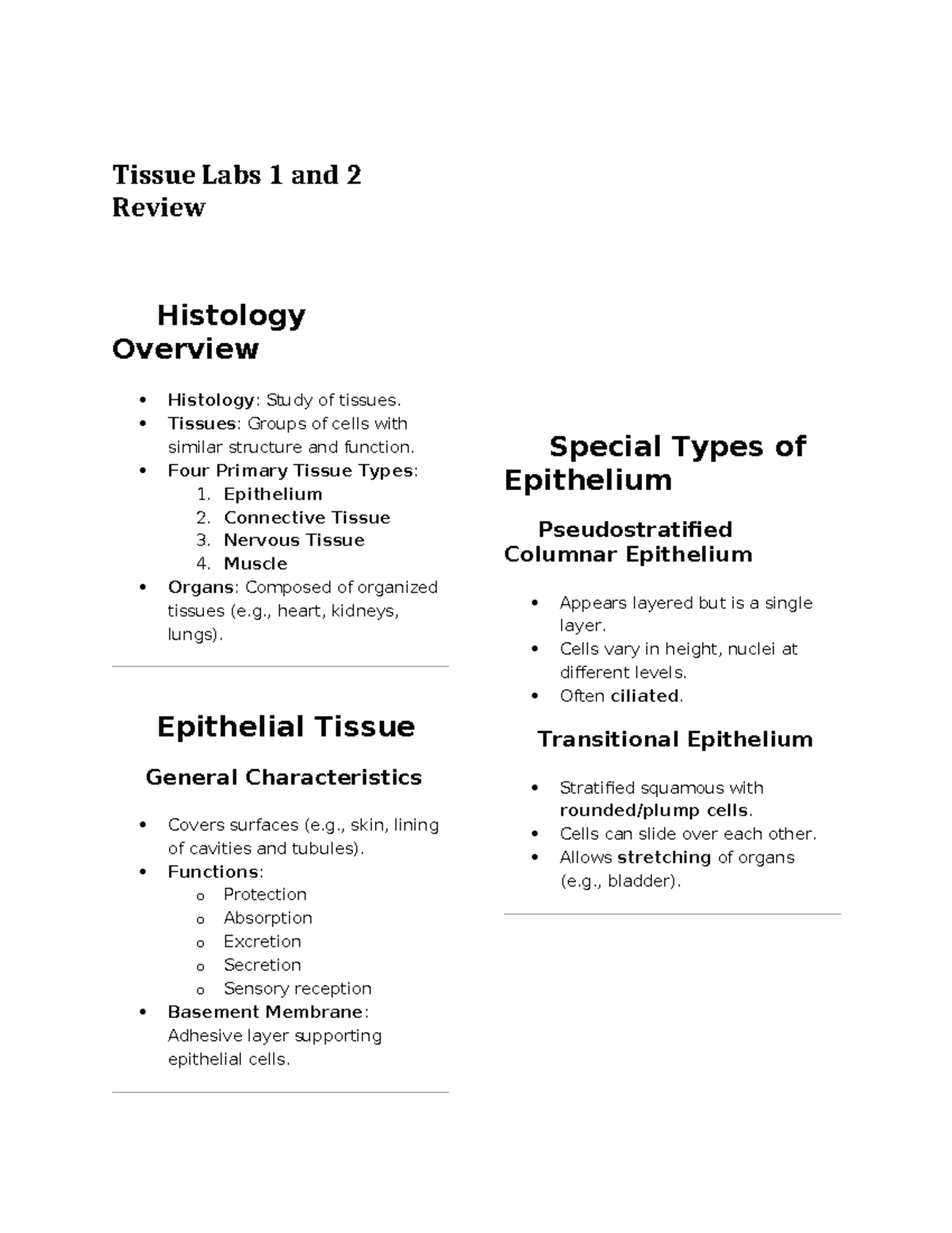 Tissue Labs 1 & 2 Review: Overview of Histology Concepts - Studocu