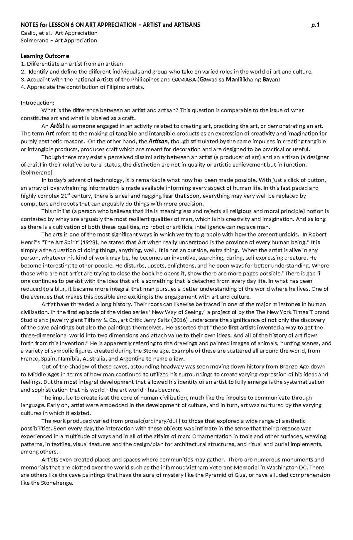 Notes on Art Appreciation: Differentiating Artist from Artisan (LESSON ...