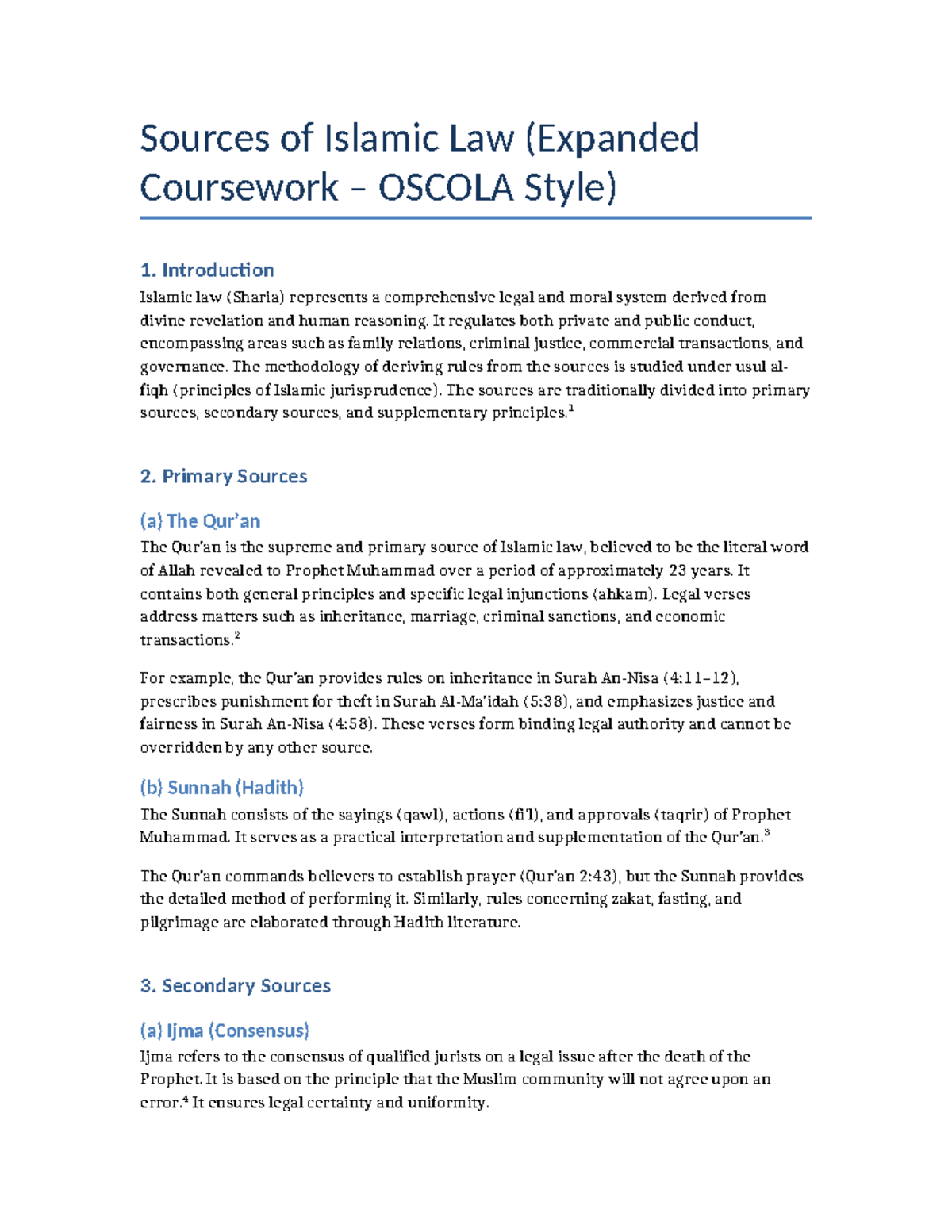 Expanded Coursework on Sources of Islamic Law (OSCOLA Style) - Studocu