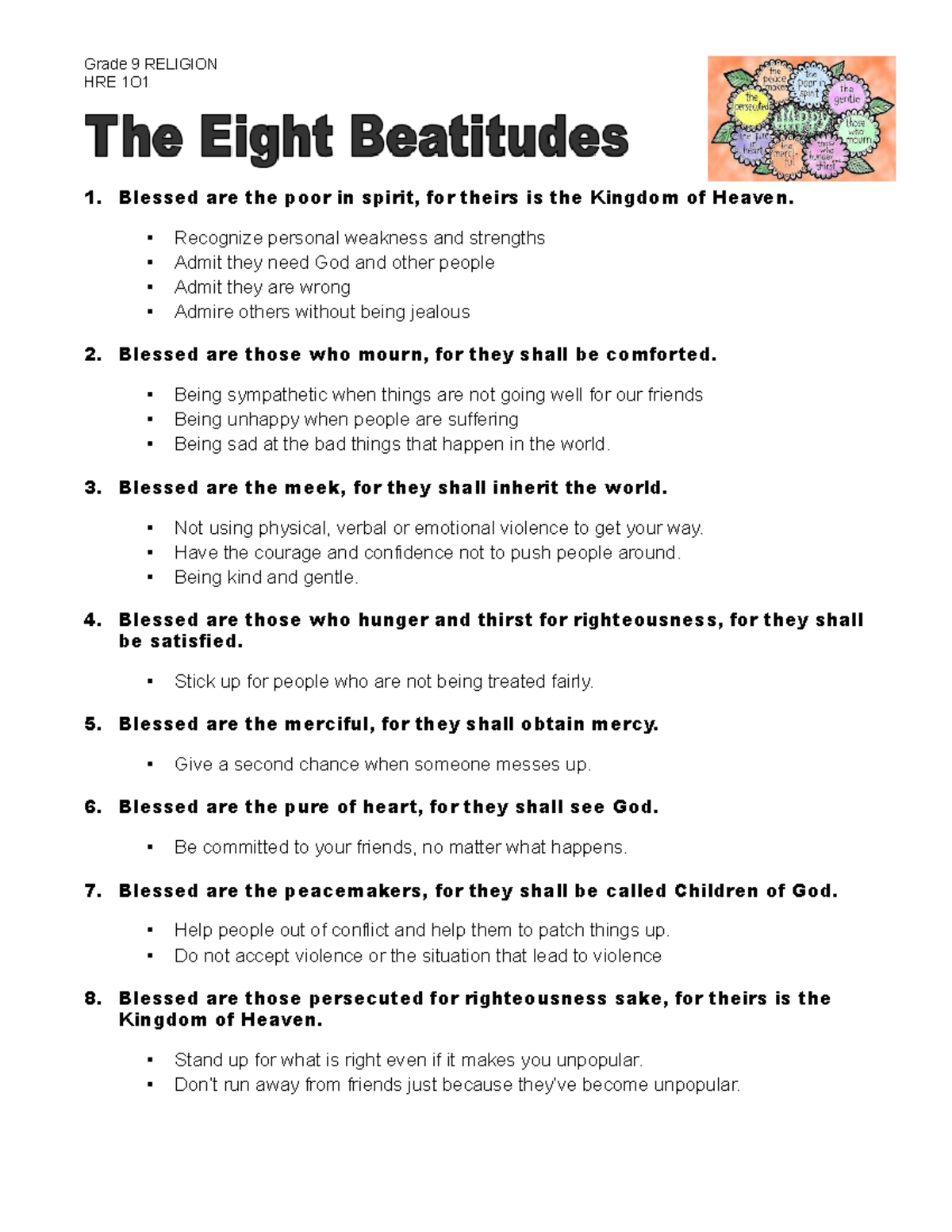 Grade 9 RELIGION HRE 1O1: Meanings of the Eight Beatitudes - Studocu