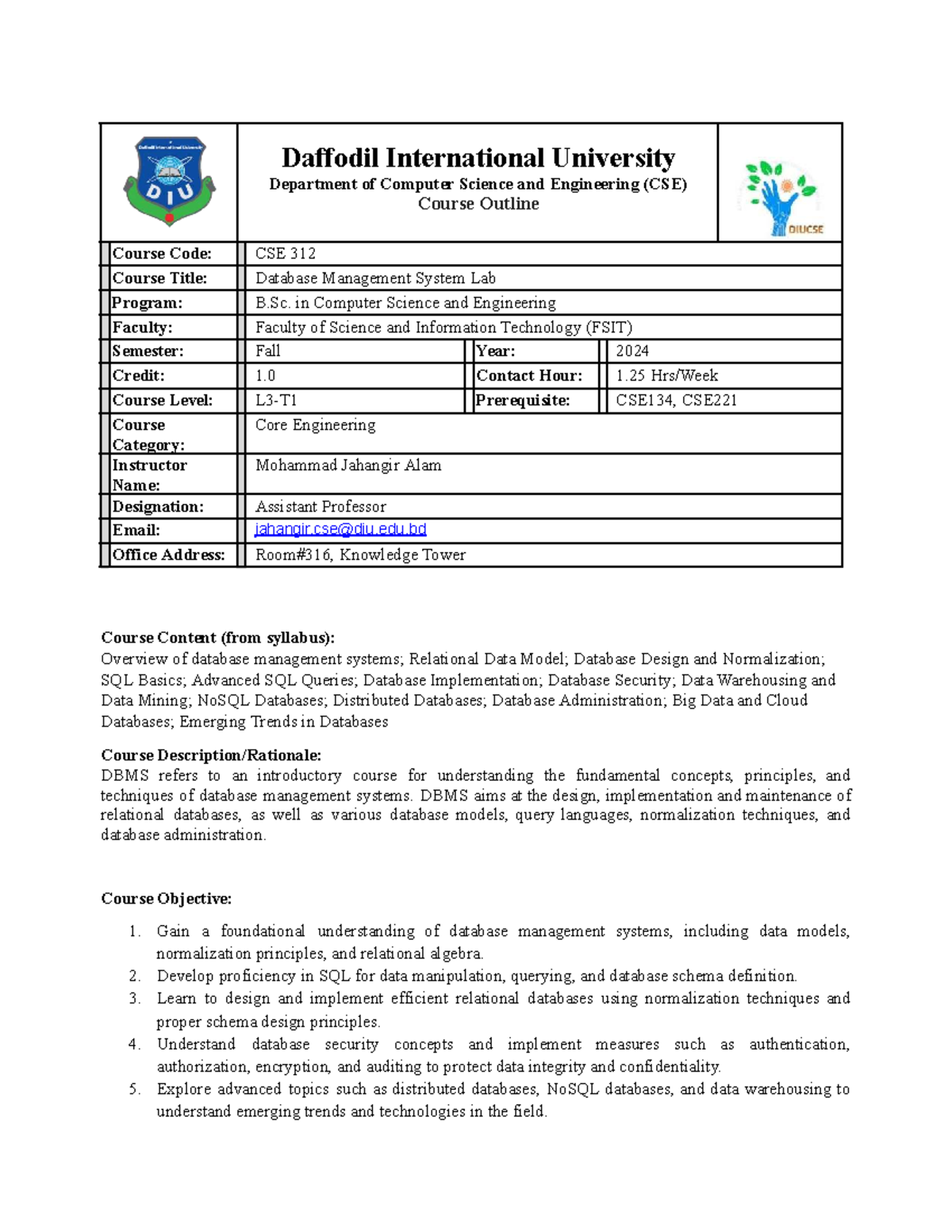 CSE 312 Database Management System Lab Course Outline - Fall 2024 - Studocu