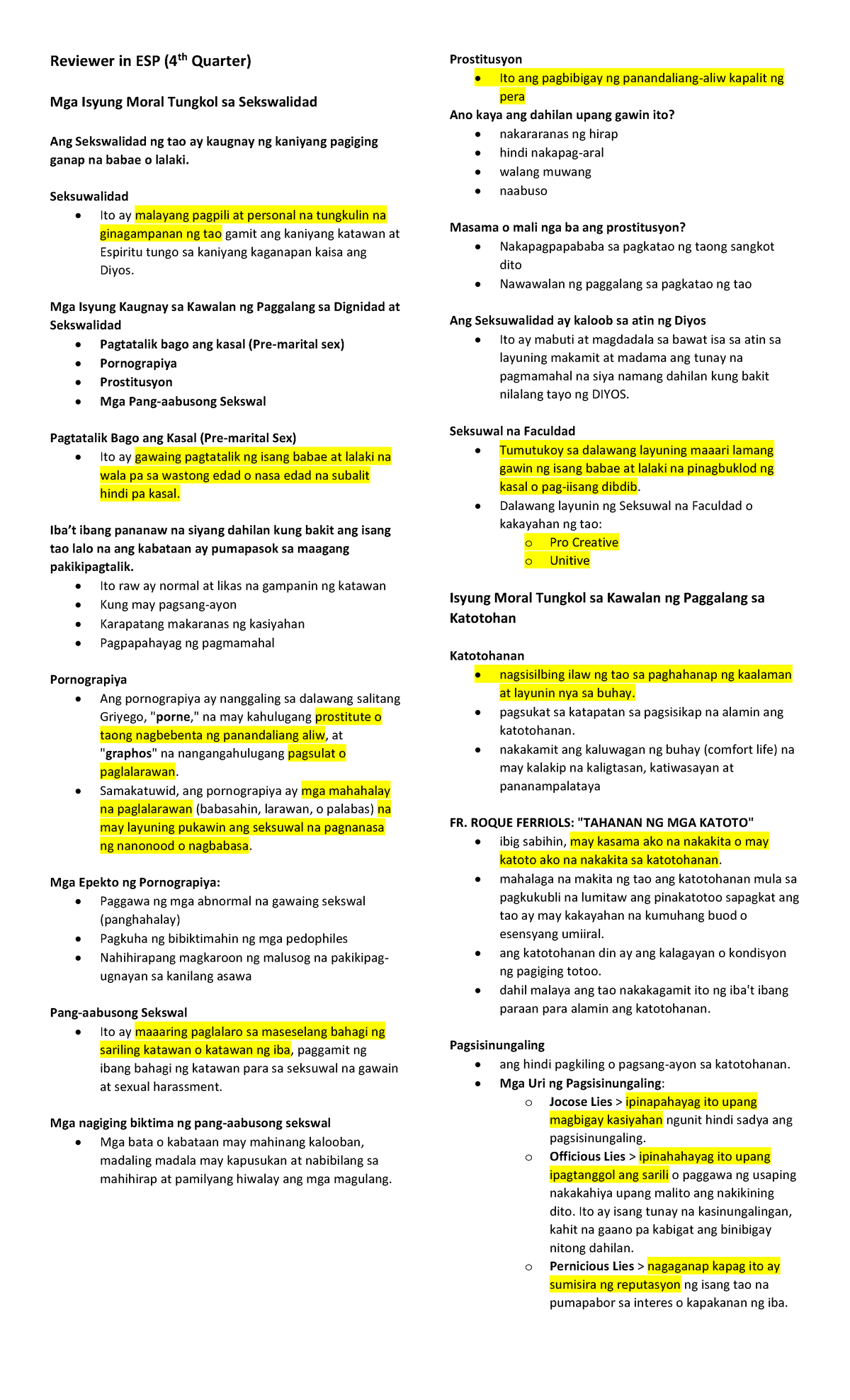 ESP 4th Quarter Reviewer: Moral Issues on Sexuality and Truth - Studocu