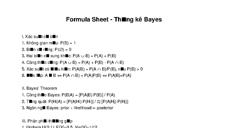 Bayes Formula Sheet - Formula Sheet - Thnng kê Bayes I. Xác sunt cn bnn ...