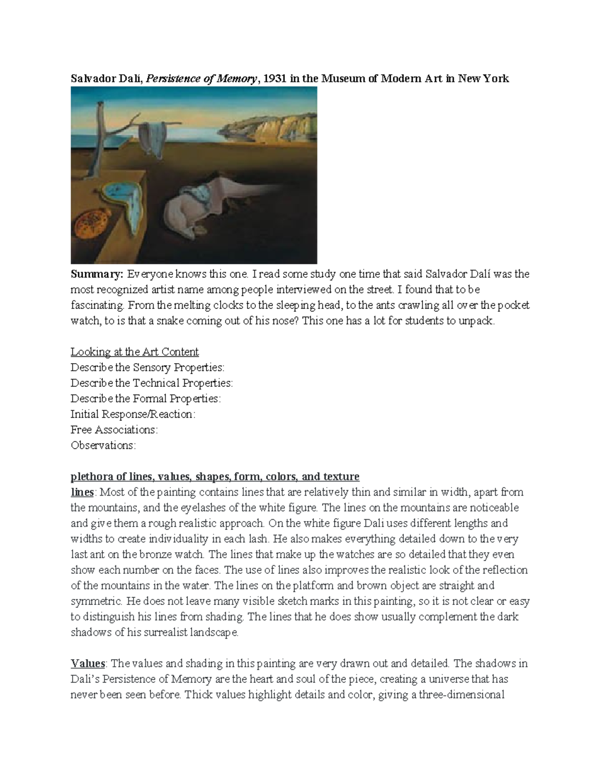Art Museum Essay Draft on Salvador Dalí's "Persistence of Memory" - Studocu