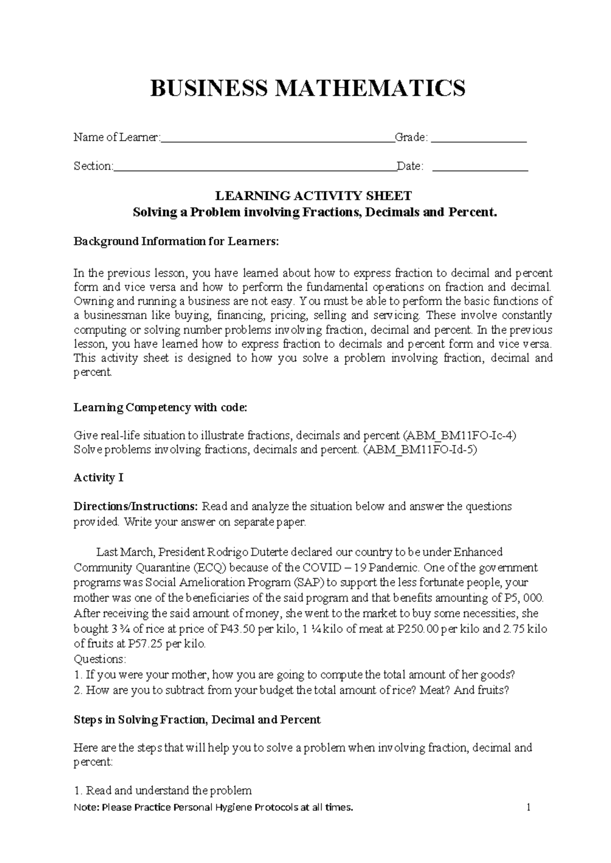 Business Mathematic LAS 1 - BUSINESS MATHEMATICS Name of Learner: Grade ...