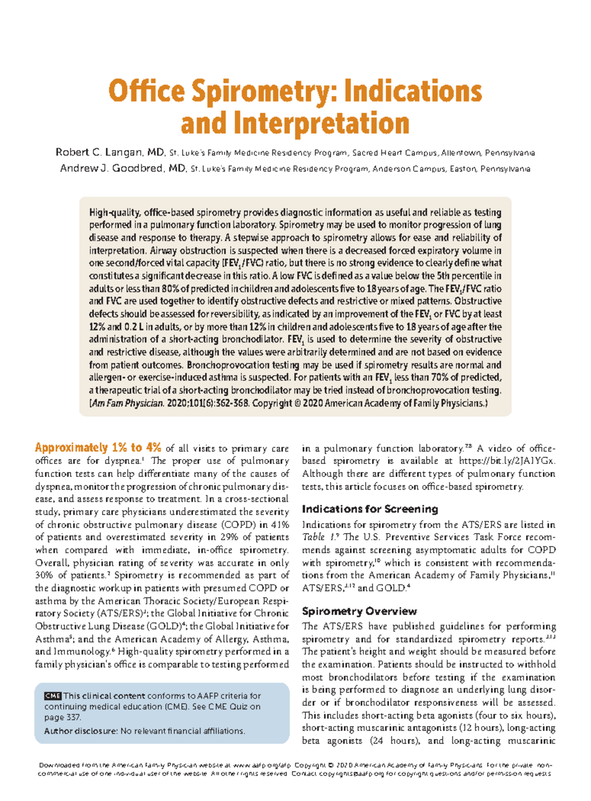 Office-Based Spirometry: Best Practices for COPD Diagnosis (AFR 101 ...