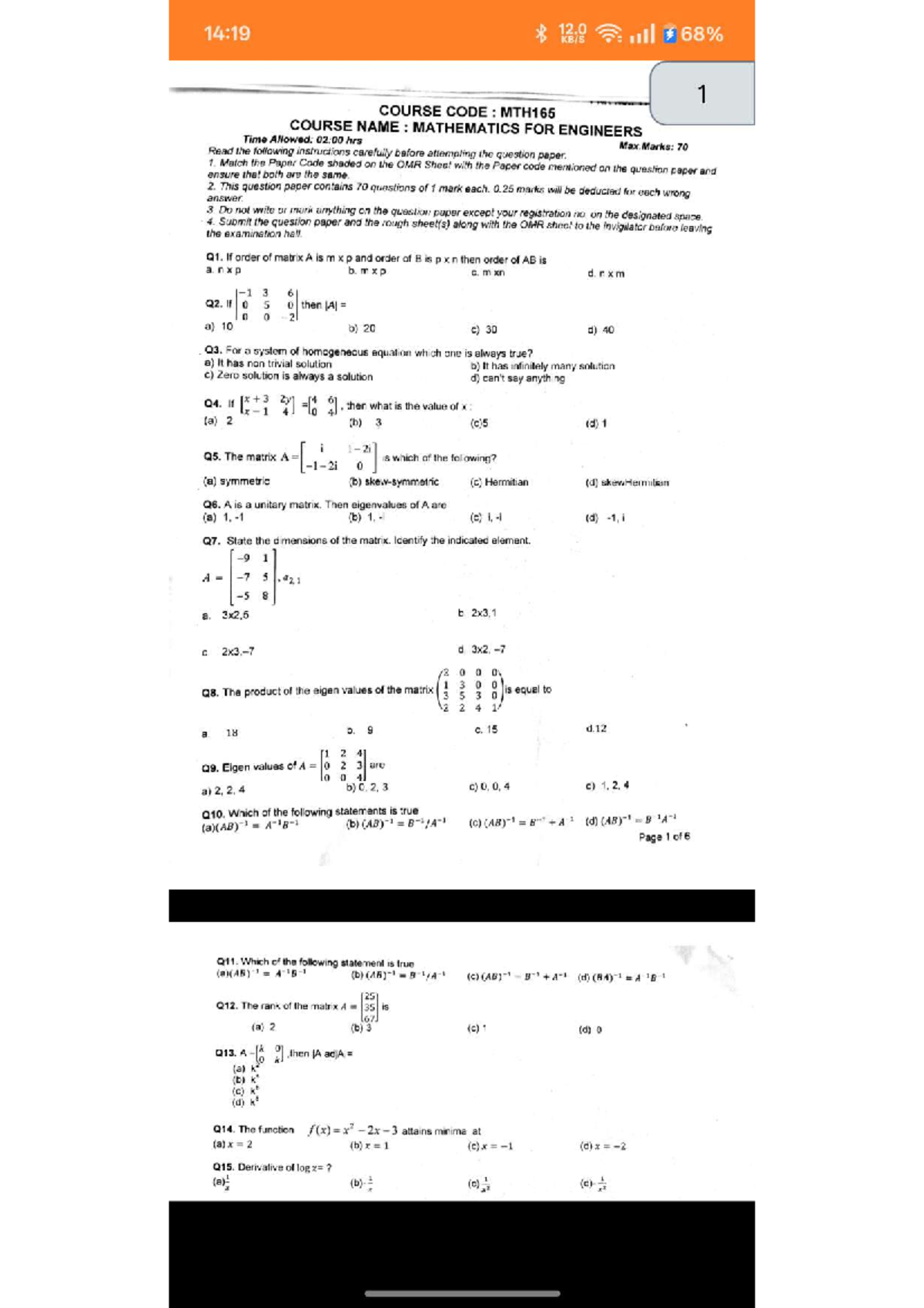 MTH165 Final Exam MCQ Questions for Mathematics for Engineers - Studocu