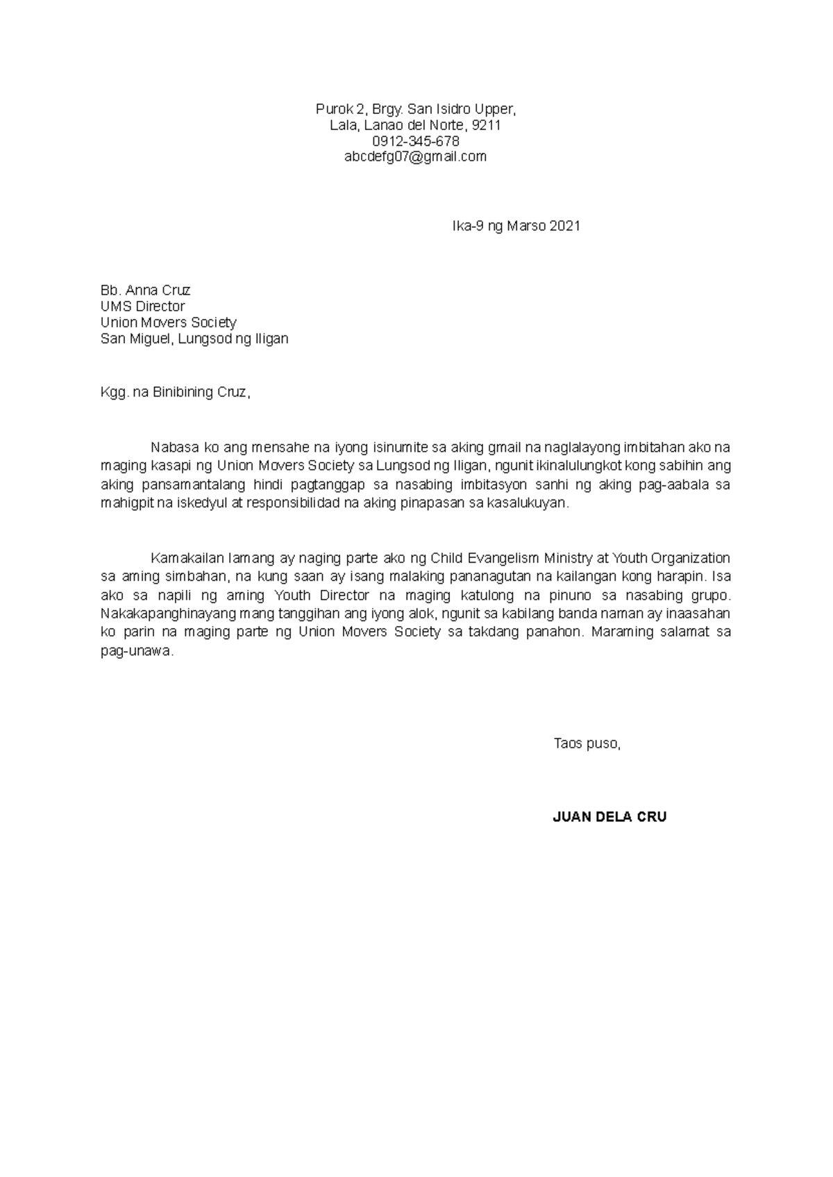 Liham Pagtanggi - Purok 2, Brgy. San Isidro Upper, Lala, Lanao del ...