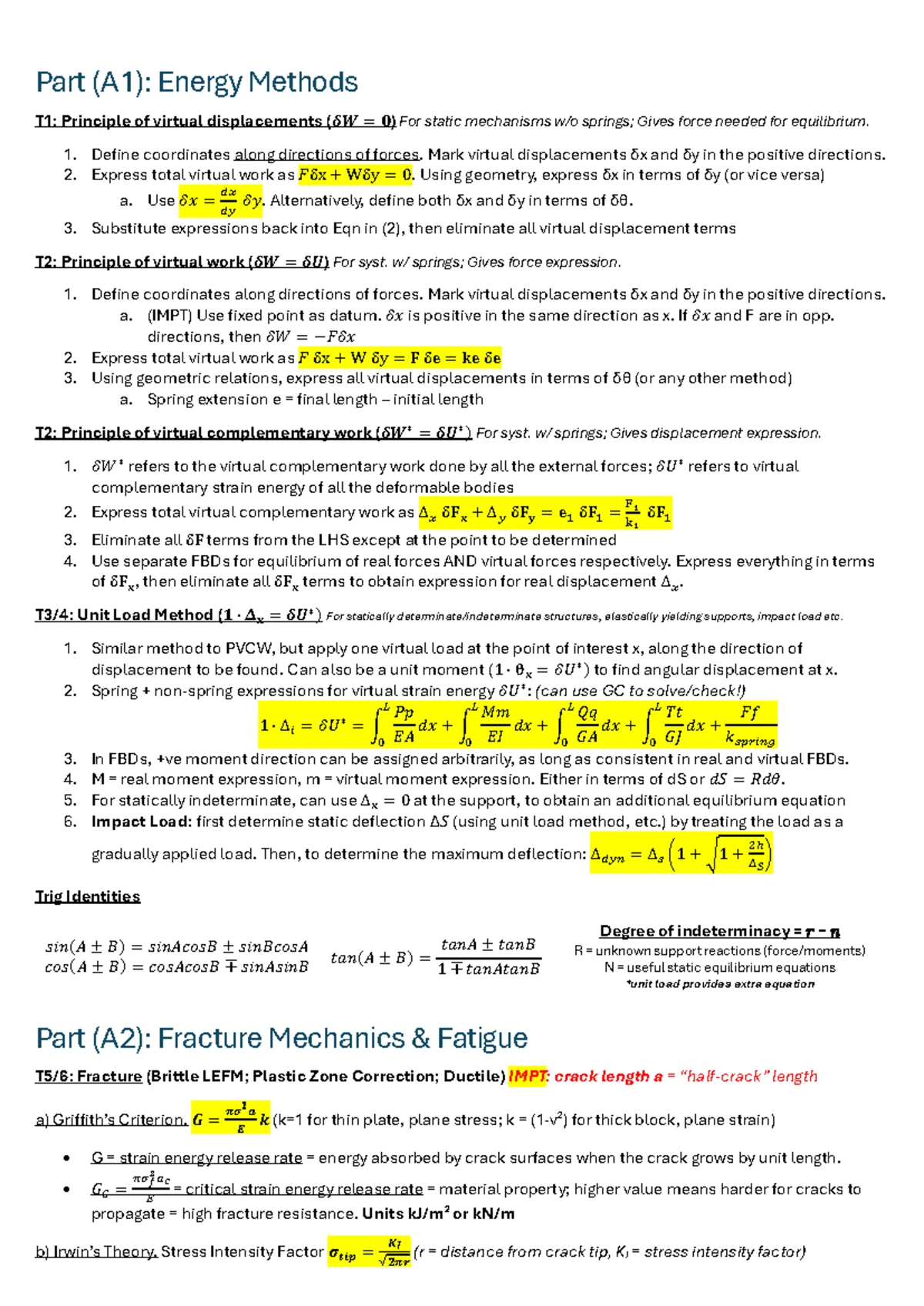 MA3002 Solid Mechanics & Vibration Exam - CheatSheet - LEFM (brittle, Griffith’s): LEFM ;ďrittle ...