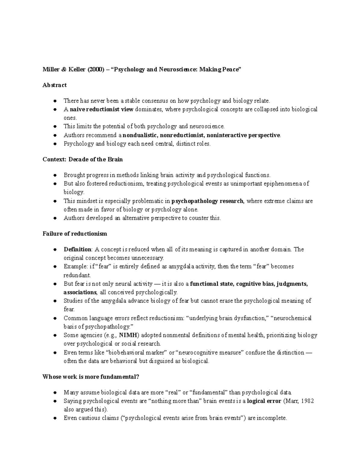Miller & Keller (2000) - Psychology & Neuroscience: A Nonreductionist ...