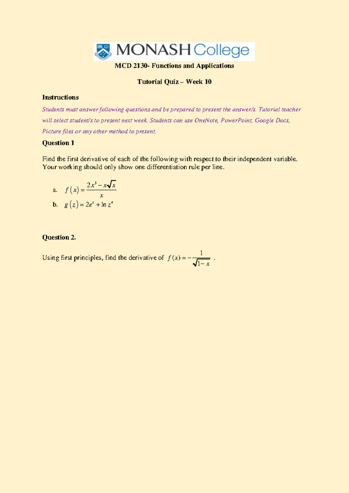 MCD 10.4 Tutorial Quiz Week 10: Functions & Derivatives - Studocu