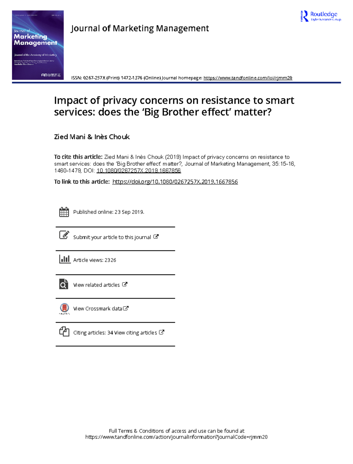 Impact of Privacy Concerns on Resistance to Smart Services: The Big ...