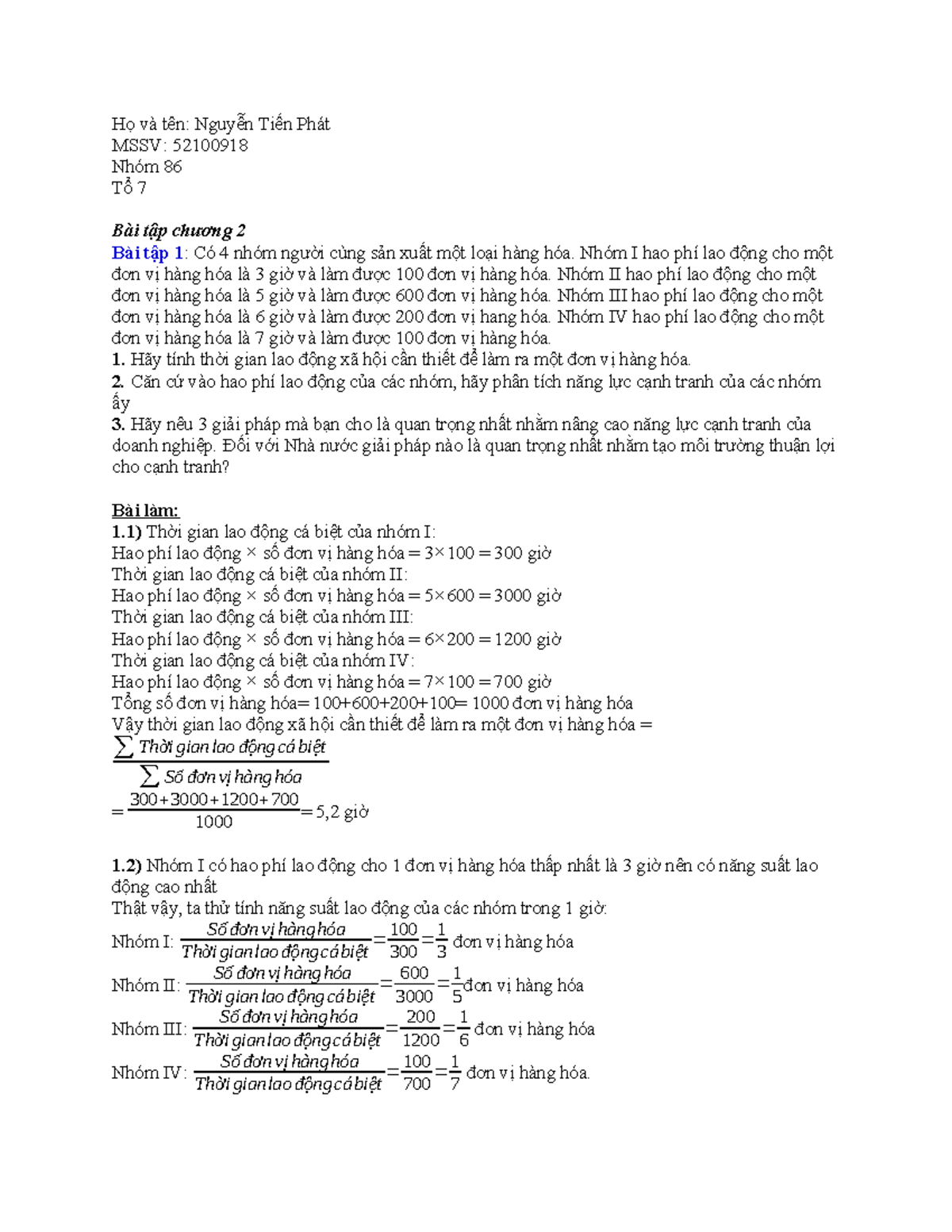 BTNhom KTCT Mac Le Nin - Họ và tên: Nguyễn Tiến Phát MSSV: 52100918 Nhóm 86 Tổ 7 Bài tập chương ...