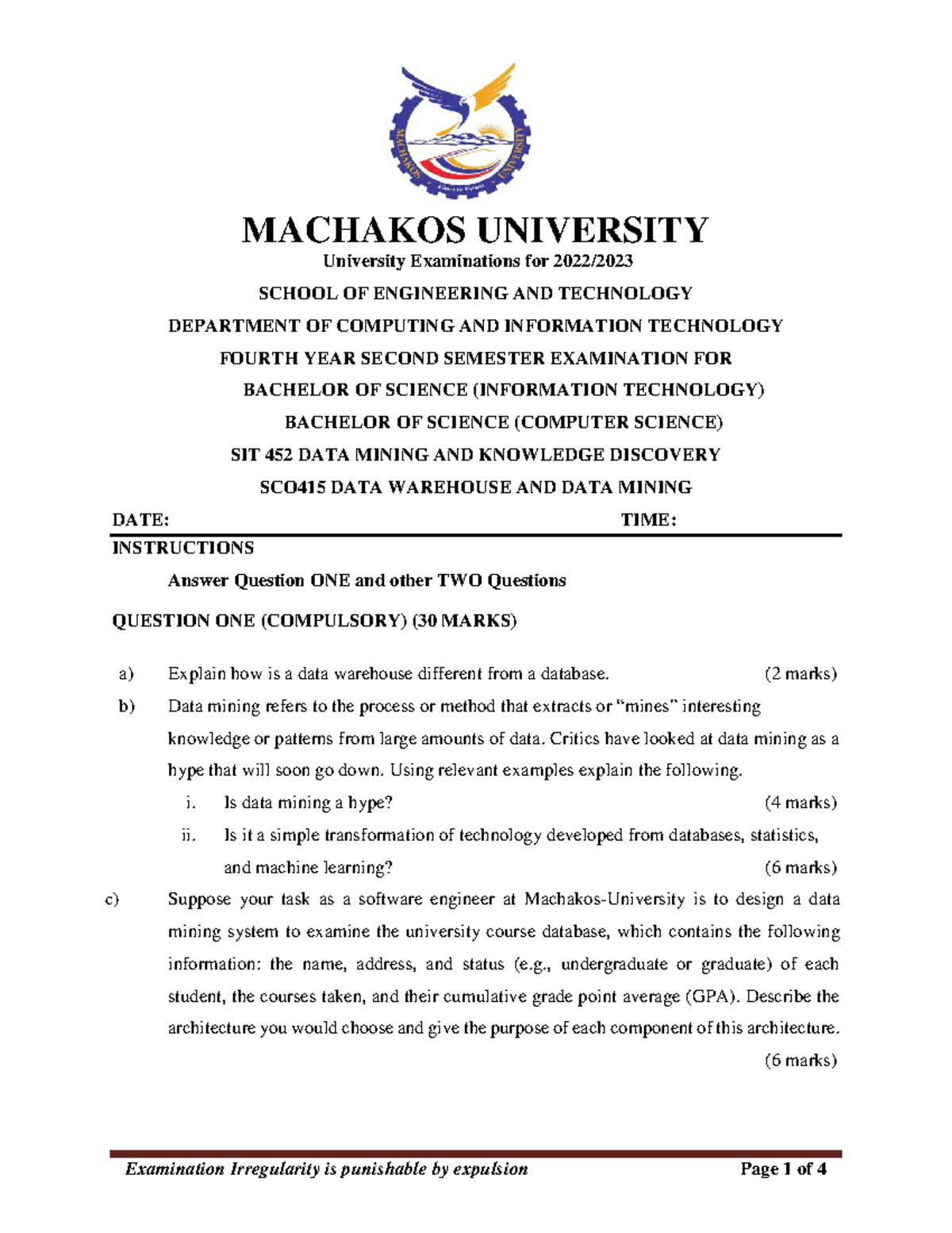 SCO 415 Data Warehouse and Data Mining Exam Notes - Studocu