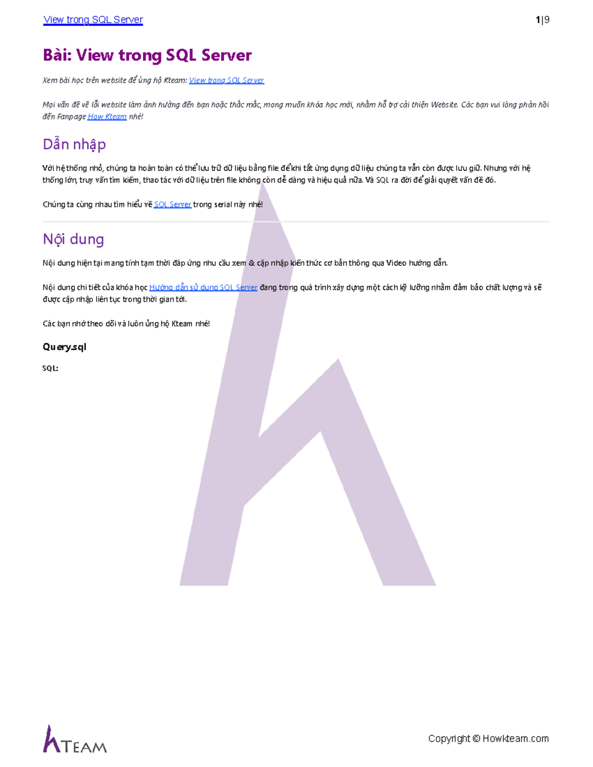 Howkteam.VN - View trong SQL Server - Bài: View trong SQL Server Xem bài học trên website để ủng ...