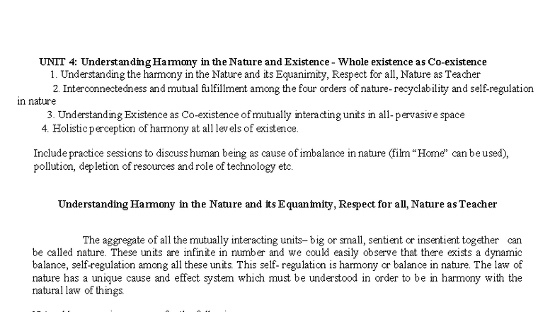Unit 4: Understanding Harmony in Nature and Existence - Studocu