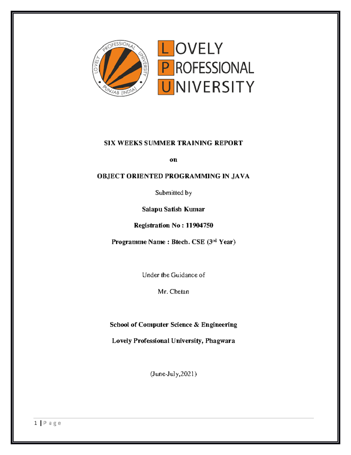 Summer training report - SIX WEEKS SUMMER TRAINING REPORT on OBJECT ORIENTED PROGRAMMING IN JAVA ...