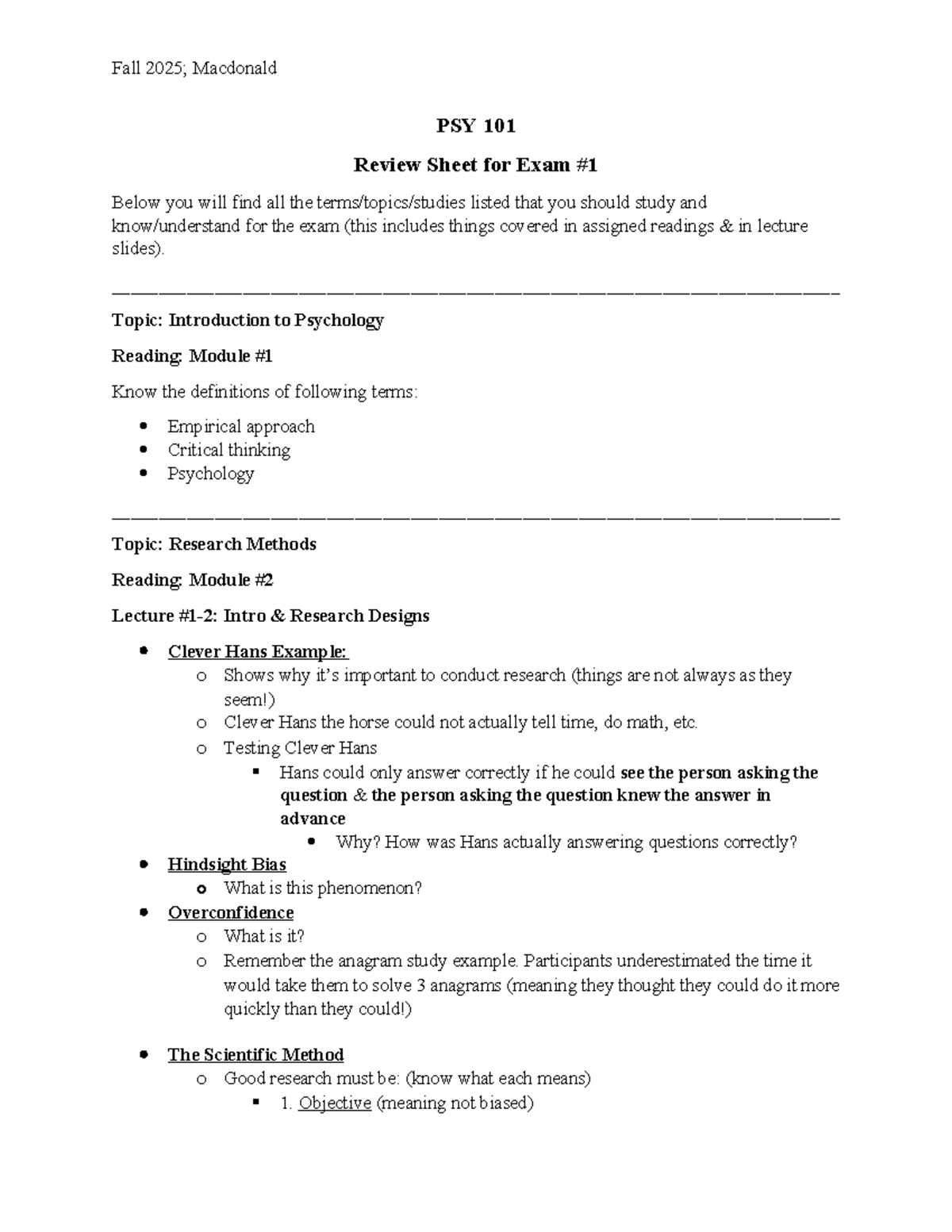 PSY 101 Review Sheet for Exam #1 - Fall 2025 - Studocu