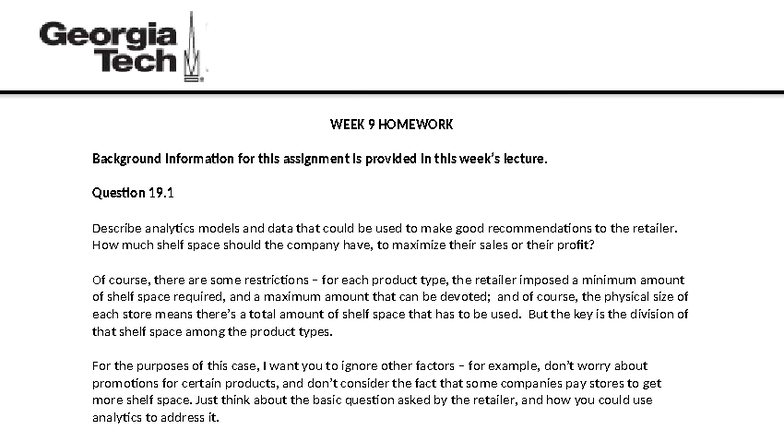 WEEK 9 HOMEWORK: Analytics Models for Retail Shelf Space Optimization ...