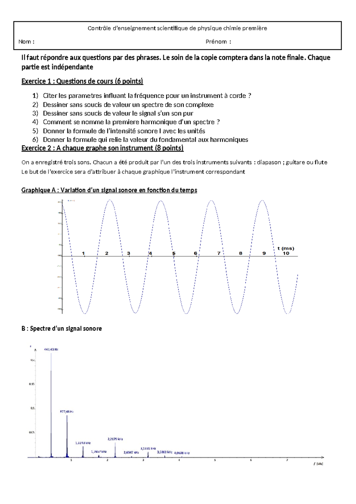 Controle 1ES son - Questions et Exercices sur le Son et l'Intensité - Studocu