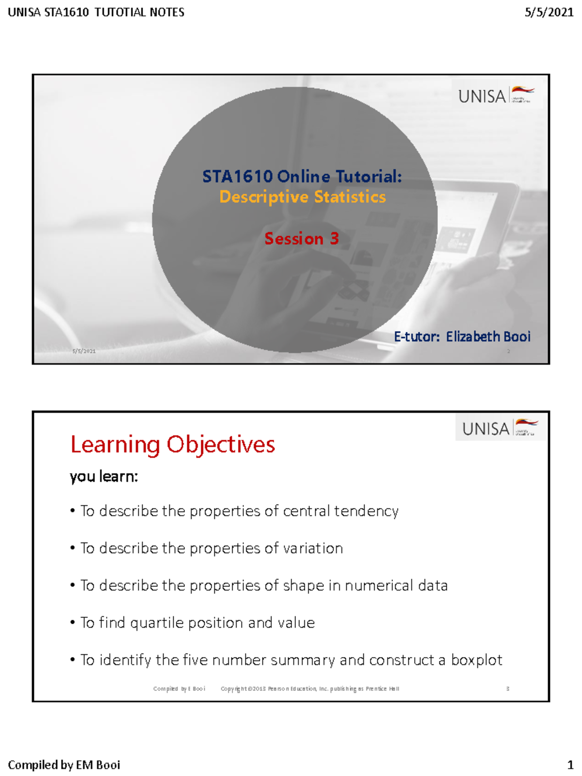 Study Unit 3 Summary Notes - STA1610 Online Tutorial: Descriptive ...