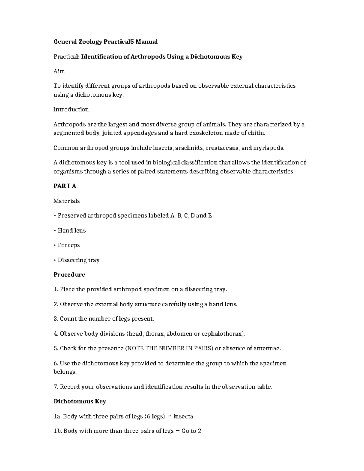General Zoology Practical 5: Arthropod Identification Using Dichotomous ...