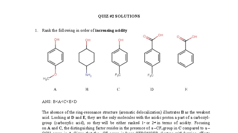 Quiz #2 Solutions: Acidity Ranking and Related Concepts - Studocu