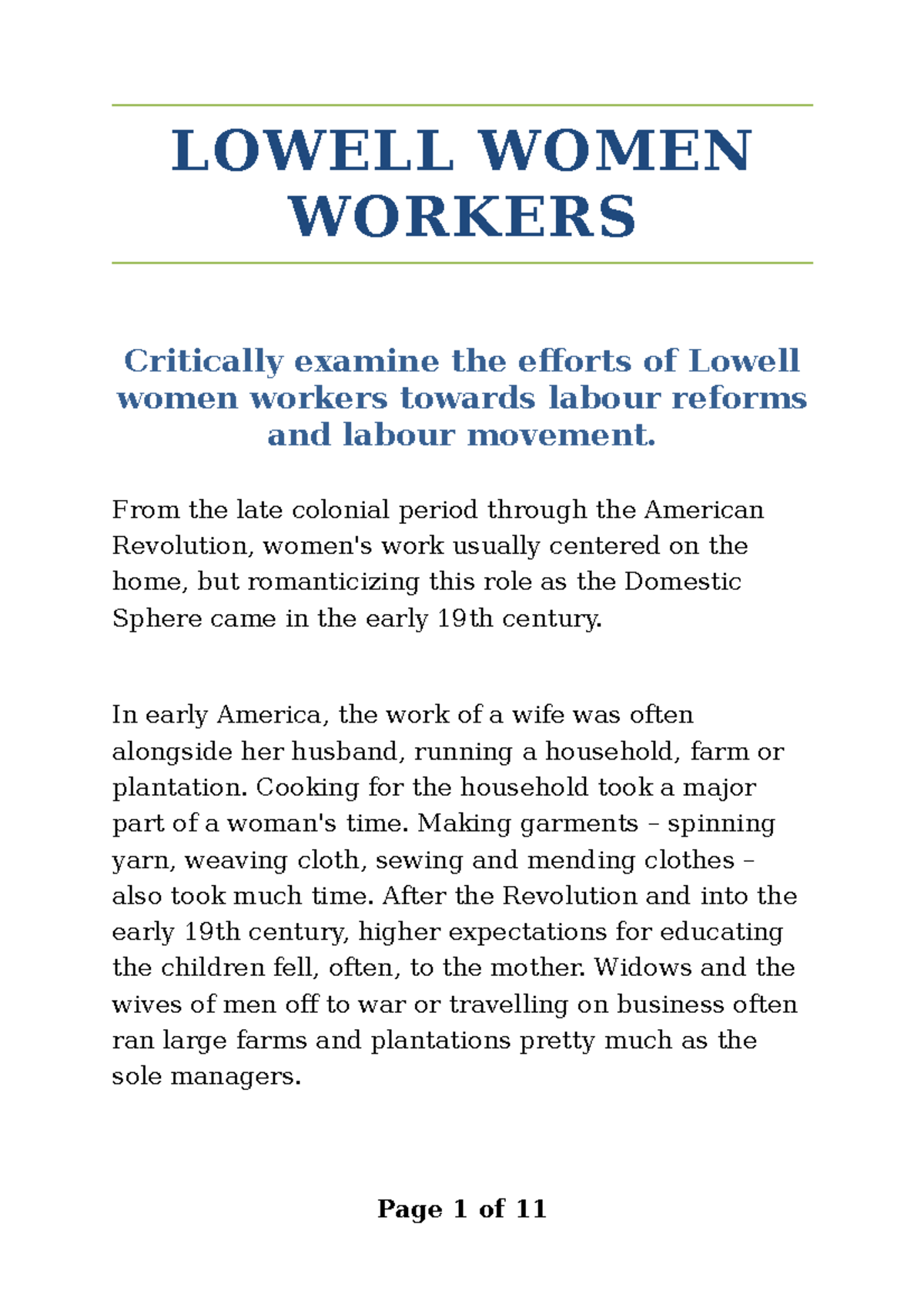 Lowell Women Workers: Labor Reform Efforts in the Industrial Age - Studocu