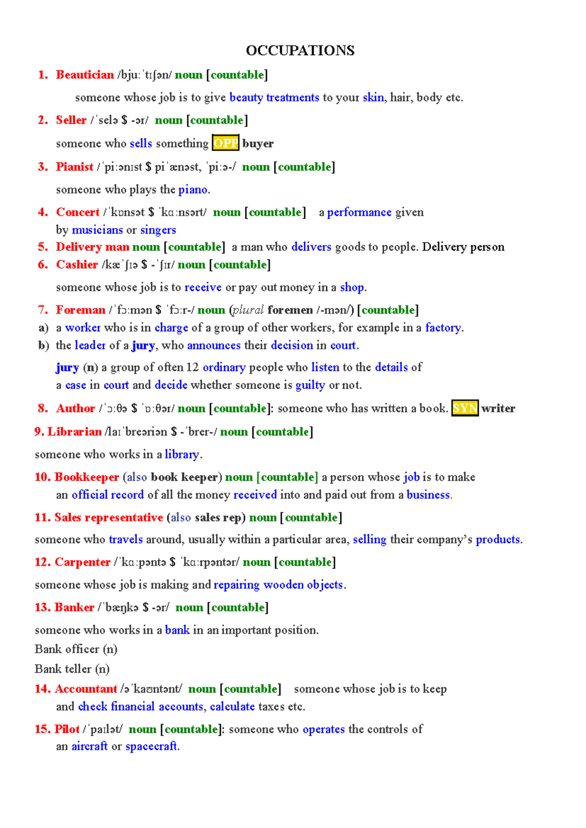 Vocabulary for Occupations & Activities (OCCUPATIONS 101) - Studocu