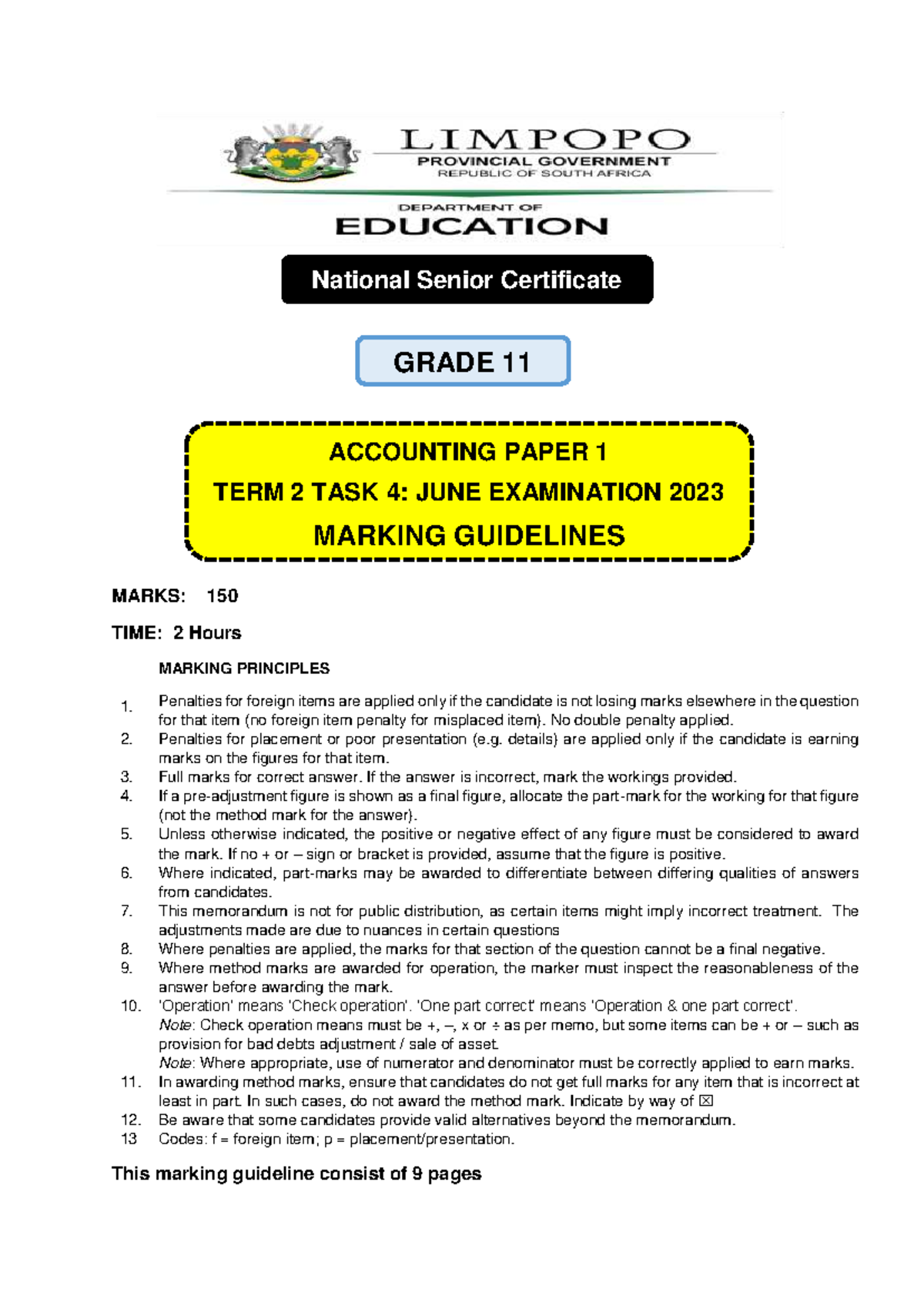 MG Accounting GRADE 11 P1 JUNE EXAM 2023 MARKING GUIDELINES - Studocu