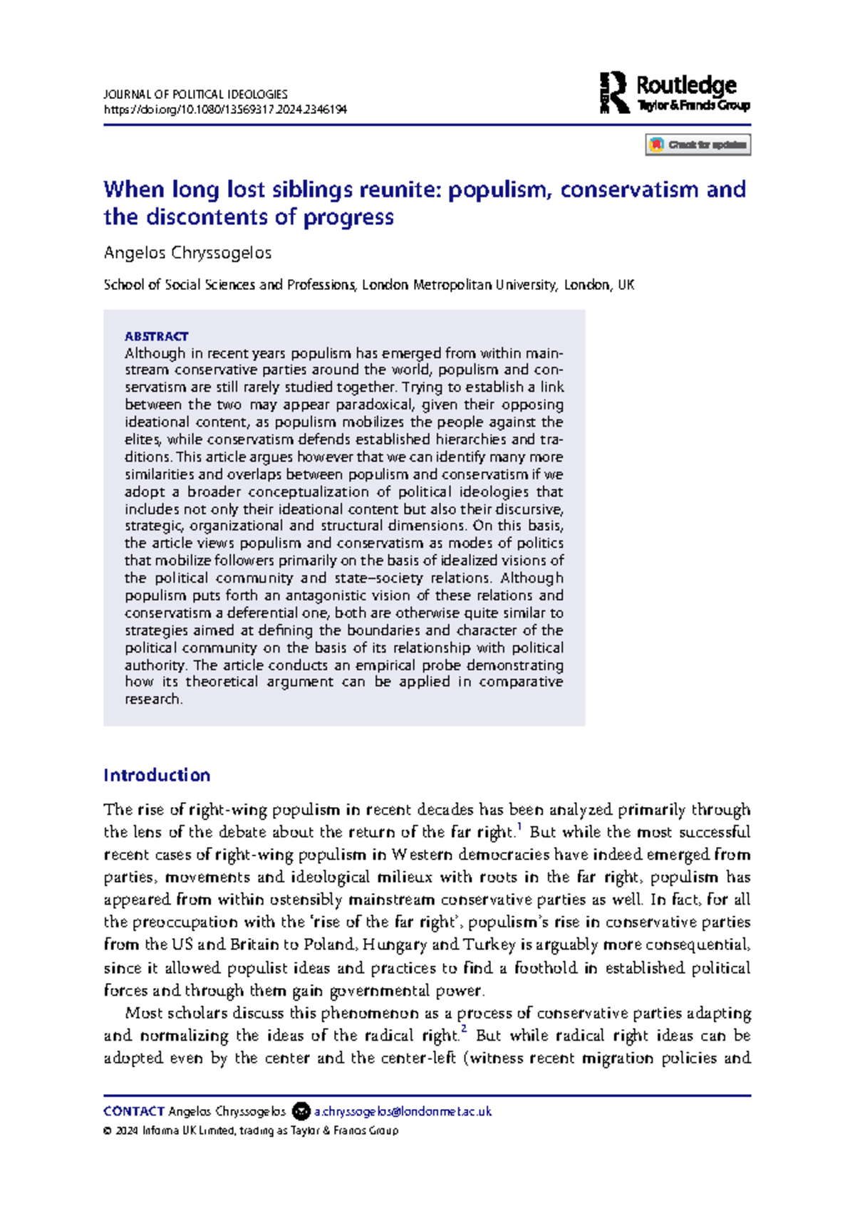 Populism and Conservatism: Ideological Links and Fusions in Politics ...
