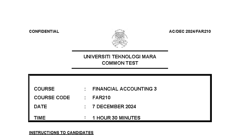 Ctfar 210 Common Test: Financial Accounting 3 - Dec 2024 - Studocu