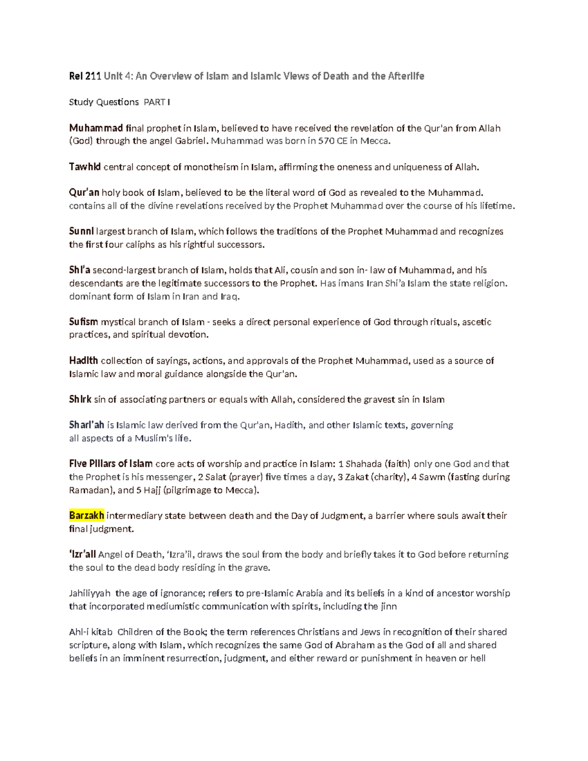 Unit 4 Overview of Islam and Islamic Views of Death and the Afterlife ...