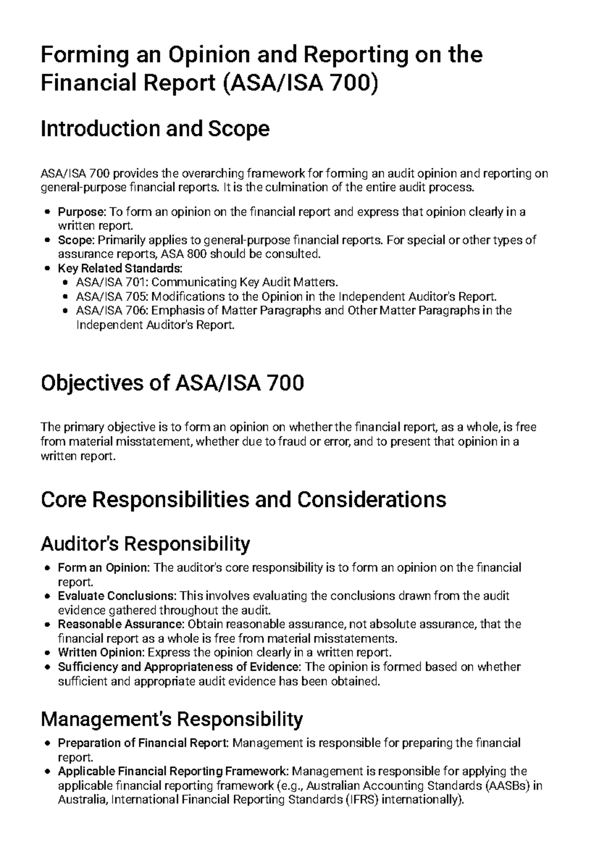 Audit Report Summary: Forming Opinion on Financial Report (ASA 700 ...