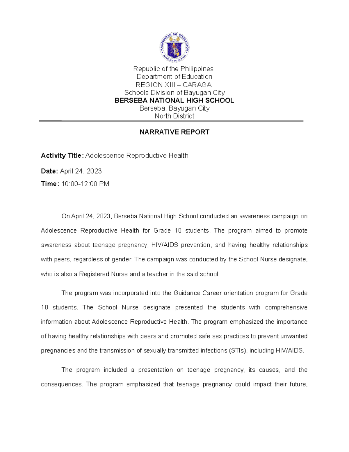 Berseba NHS.ARH - Republic of the Philippines Department of Education ...