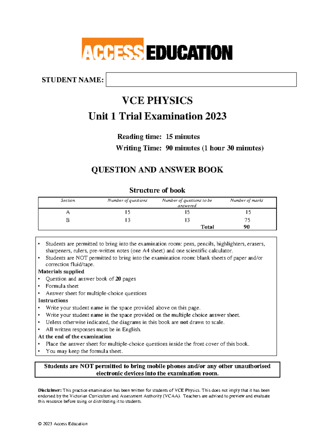 Access Ed VCE Physics Unit 1 Trial Exam 2023: Questions & Answers - Studocu