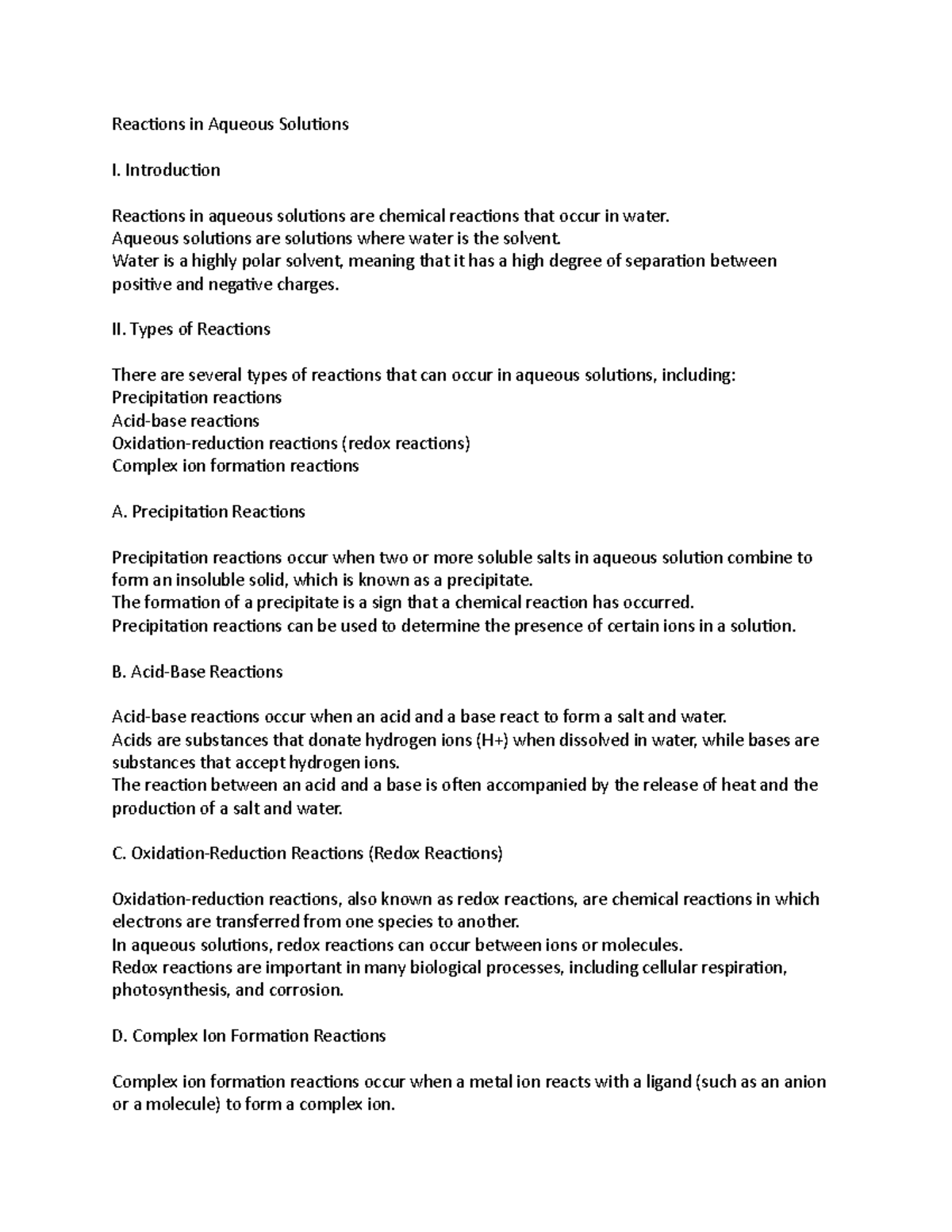 Chemical Reactions in Aqueous Solutions: Types & Principles - Studocu