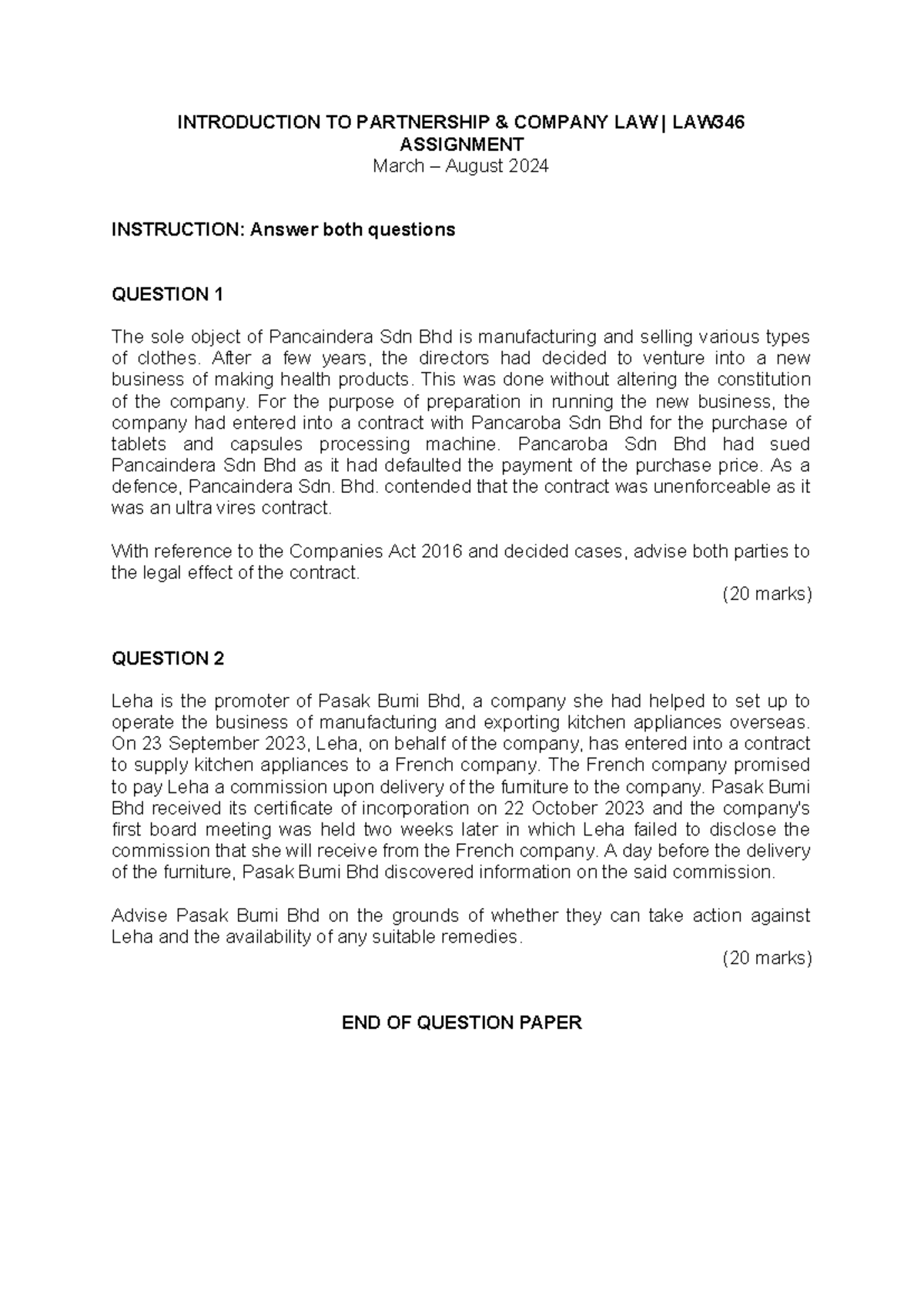 Assignment LAW346 - INTRODUCTION TO PARTNERSHIP & COMPANY LAW | LAW ...