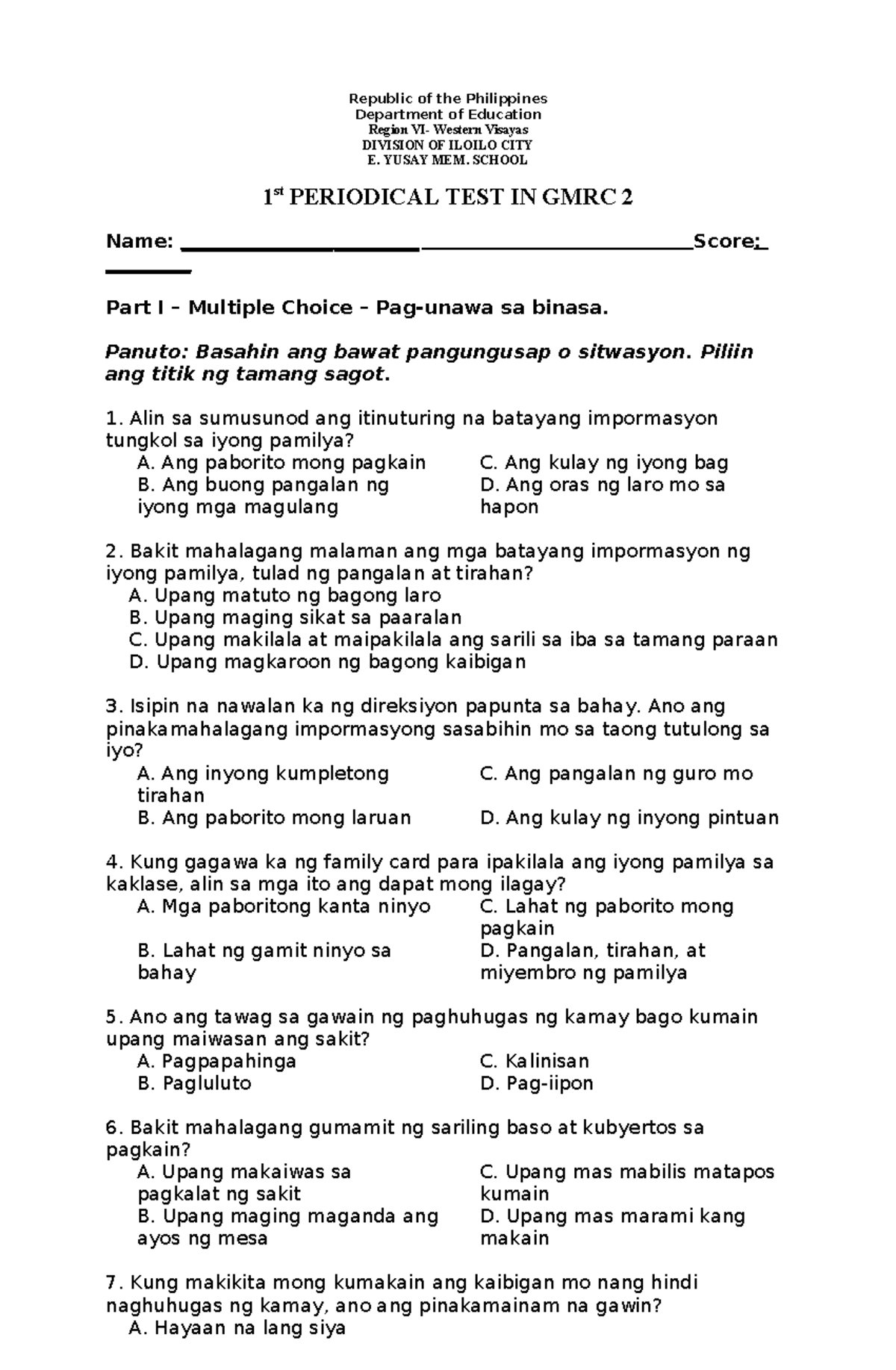 1st Periodical Test in GMRC 2 - Republic of the Philippines - Studocu