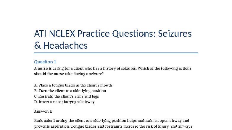 ATI NCLEX Practice: Seizures & Headaches Q&A (10 Questions) - Studocu