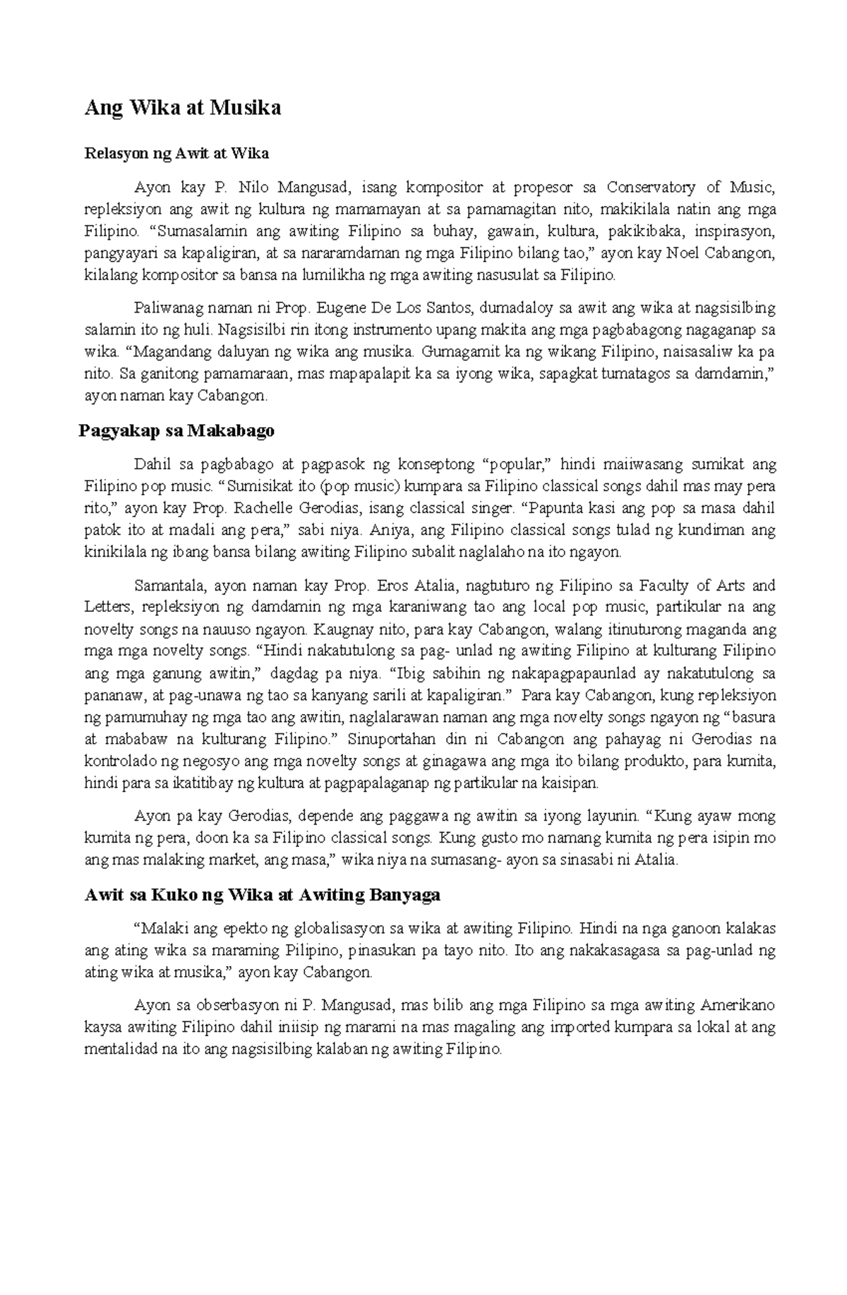 Wika at Musika: Kahalagahan ng Awit sa Kultura ng mga Pilipino - Studocu