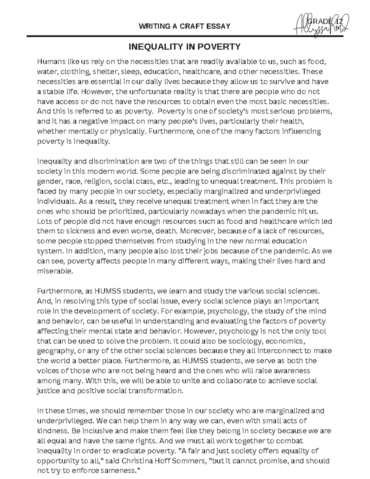 Craft Essay on Inequality in Poverty (Grade 12) - Studocu