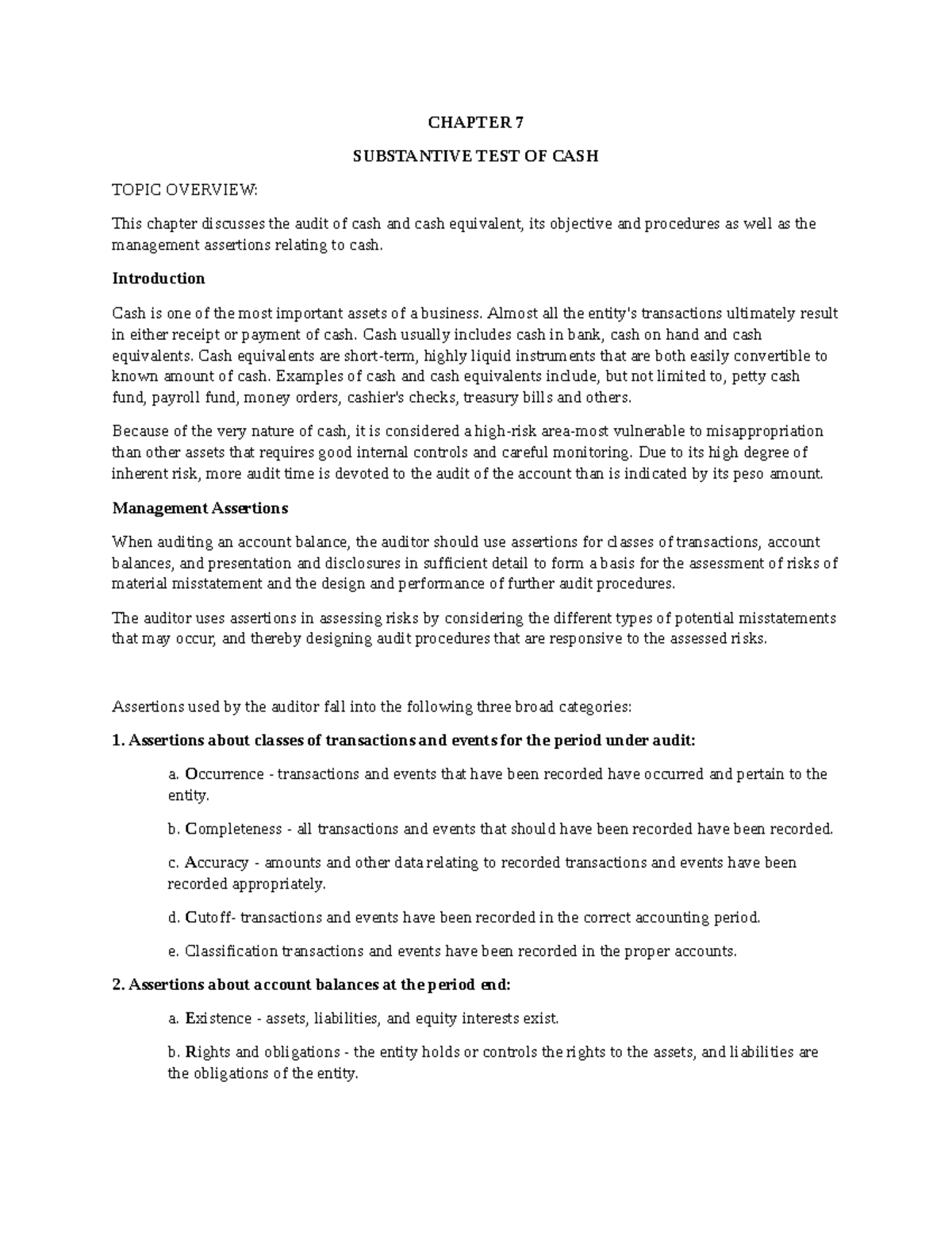 CHAPTER 7: SUBSTANTIVE TEST OF CASH - AUDIT PROCEDURES OVERVIEW - Studocu