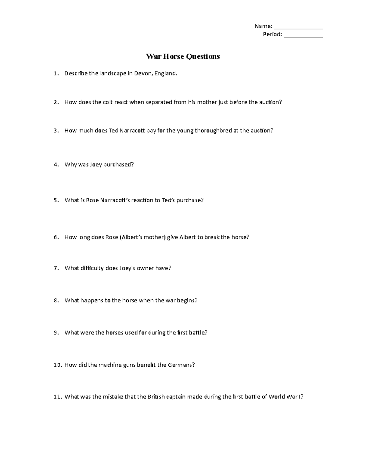War Horse Questions - Name: _______________Period: ____________ War ...