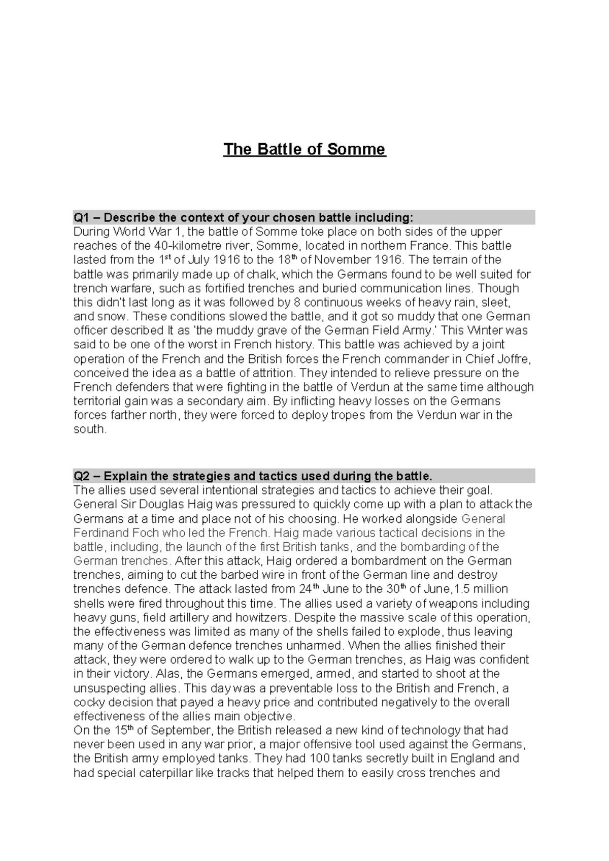The Battle of the Somme: Strategies, Context, and Outcomes (WWI) - Studocu