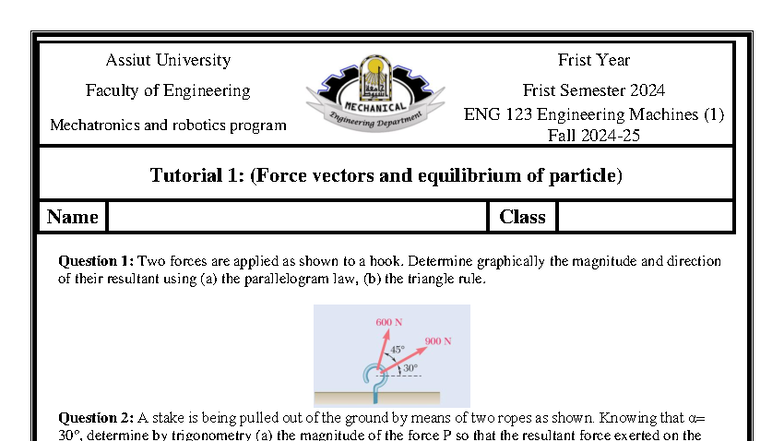 ENG 123 Tutorial 1: Force Vectors & Equilibrium Solutions - Studocu