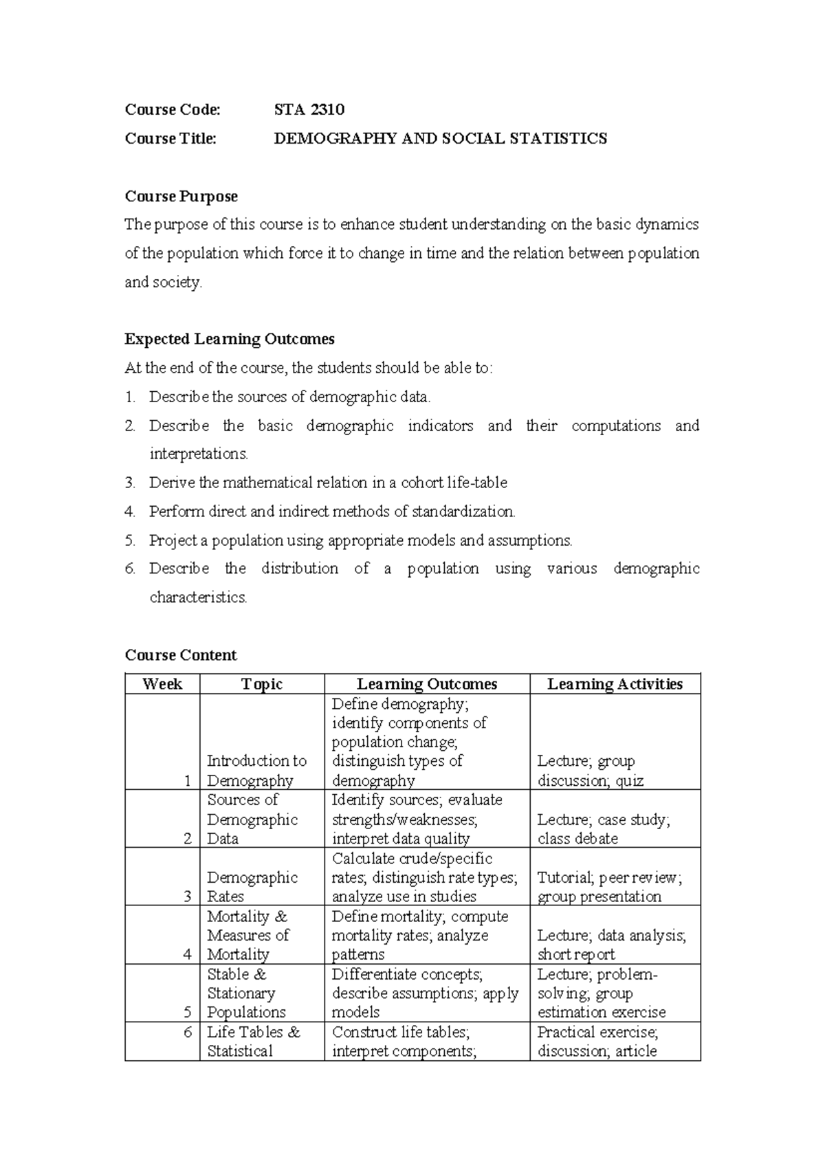 STA 2310 Demography & Social Stats: Course Outline & Learning Goals ...